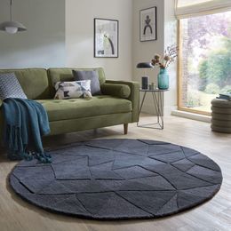 Wollteppich FLAIR RUGS "Shard", grau (schiefergrau), B:160cm H:10mm L:160cm Ø:160cm, Wolle, Teppiche, Hoch-Tief Effekt, Handgearbeitet