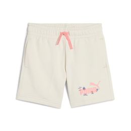 Trainingsshorts Puma "SANDY ADVENTURES SHORTS TR PS", Mädchen, Gr. 110, N-Gr, weiß (alpine snow), Sweatware, Obermaterial: 68% Baumwolle, 32% Polyester, bedruckt, regular fit ca. Mitte Knie, Hosen