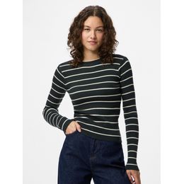 Rundhalspullover Pieces "PCMIRA NEW LS O-NECK KNIT NOOS BC", Damen, Gr. L, schwarzest spruce detail:birch narrow, Strick, Obermaterial: 50% Viskose, 28% Polyester, 22% Nylon, gestreift, slim fit normal, Rundhals, Pullover