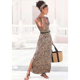 Maxikleid Buffalo, Damen, Gr. 34, N-Gr, bunt (beige, jeansblau bedruckt), Jersey, Obermaterial: 100% Viskose, bedruckt, figurumspielend knöchellang, V-Ausschnitt, Kleider, mit Alloverdruck und Schlitz, Sommerkleid, Strandkleid