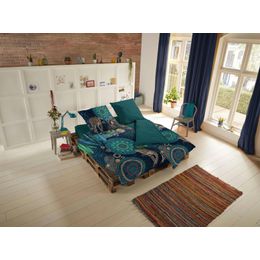 Wendebettwäsche HIP "Imena", bunt (petrol, grün, multi, blau), B/L: 155cm x 220cm, 1 Stk., 1 Stk., Satin, B/L: 80cm x 80cm, 2 Stk., Satin, Obermaterial: 100% Baumwolle, Bettwäsche, Mako-Satin, 155x220, Reißverschluss, Wende, Mandala, Leopard, Petrol