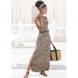 Maxikleid Buffalo, Damen, Gr. 38, N-Gr, bunt (beige, jeansblau bedruckt), Jersey, Obermaterial: 100% Viskose, bedruckt, figurumspielend knöchellang, V-Ausschnitt, Kleider, mit Alloverdruck und Schlitz, Sommerkleid, Strandkleid