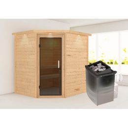 Sauna Karibu "Mia (Fronteinstieg)", beige (naturbelassen), (ohne Ofen), Saunen, Ofen 9 kW integr. Strg