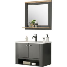 Badmöbel-Set Home Affaire "WESTMINSTER, Bad im Landhausstil, 2-teiliges Badezimmer", grau (grau dunkel), B:80cm H:200cm T:44cm, Kastenmöbel-Sets, Hänge-Waschtisch, Spiegel mit Ablage, in 2 Farben, Breite 80 cm