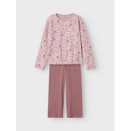 Schlafanzug name it "NKFNIGHTSET MAUVE FLOWER LOOSE RIB NOOS", Mädchen, Gr. 110 (116), lila (mauve shadows), Feinripp, Obermaterial: 95% Baumwolle, 5% Elasthan, gemustert, relaxed fit normal, Rundhals, gewellter Abschluss, Homewear-Sets, in angenehm tragbarere Rippen-Qualität