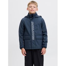 Jack & Jones Softshelljacke JACK & JONES JUNIOR "JJEMATT SOFTSHELL HOOD SN JNR", Jungen, Gr. 140, blau (navy blazer), Web, Obermaterial: 100% Polyester, unifarben, regular fit hüftlang, Jacken