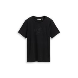 Tom Tailor Denim Damen Loose Fit T-Shirt mit Glitzer-Stickerei, schwarz, Uni, Gr. M