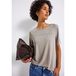 T-Shirt Street One, Damen, Gr. 40, beige (morning beige), Jersey, Obermaterial: 70% Modal, 30% Polyester, bedruckt, unifarben, l&auml;ssig geschnitten h&uuml;ftbedeckend, Rundhals, Shirts T-Shirt, mit Wording und Schmucksteinen