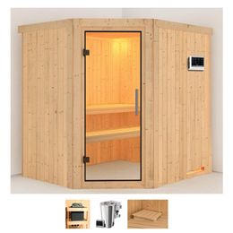 Sauna Karibu "Laila", beige (naturbelassen), Bio-Kombiofen, externe Steuerung, 3,6 kW, Saunen, Ofen 3,6 kW Bio-Ofen externe Strg. easy