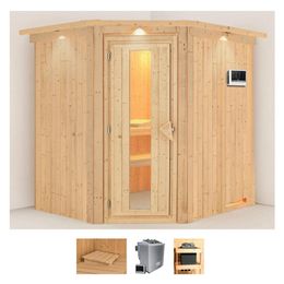 Sauna Karibu "Siirin", beige (naturbelassen), Bio-Kombiofen, externe Steuerung, 9 kW, Saunen, Ofen 9 kW Bio externe Strg easy