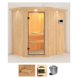 Sauna Karibu "Clara", beige (naturbelassen), Bio-Kombiofen, externe Steuerung, 9 kW, Saunen, Ofen 9 kW Bio externe Strg easy