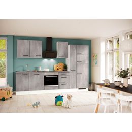 Küchenzeile IMPULS KÜCHEN ""Valencia", Ausrichtung wählbar, Schubkästen mit Soft-Close", grau (küche: grau, korpus: weiß, arbeitsplatte: beton, optik natur), B:310cm H:220,6cm T:60cm, Komplettküchen-Sets, vormontiert, wahlweise mit E-Geräten, Breite 310 cm
