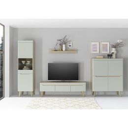 Wohnwand Inosign "Torge, Anbauwand, Schrankwand, Mediawand, Wohnzimmer-Set", weiß (pistazie, scandi oak), B:360cm H:197cm T:40cm, Holzwerkstoff, Kastenmöbel-Sets, enthält 1 Vitrine, 1 Lowboard, 1 Highboard + 1 Wandboard, 360 cm breit