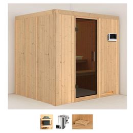 Sauna Karibu "Dima", beige (naturbelassen), Bio-Kombiofen, externe Steuerung, 3,6 kW, Saunen, Ofen 3,6 kW Bio-Ofen externe Strg. easy