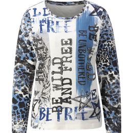 CRÉATION L Damen Print-Shirt mit Glitzersteinchen-Applikation ecru-mittelblau-bedruckt Größe 36