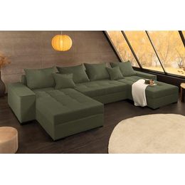 Riess Ambiente XXL Wohnlandschaft LODGE 315cm grün Cord Sofa mit Schlaffunktion und Stauraum Riess-Ambiente U-Form Wohnzimmer Modern Skandinavisch