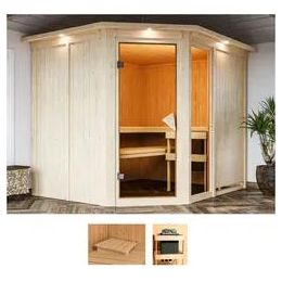Sauna Karibu "Frigga 3", beige (naturbelassen), ohne Ofen, (ohne Ofen), Saunen, ohne Ofen