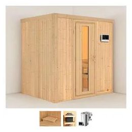 Sauna Karibu "Finja", beige (naturbelassen), Bio-Kombiofen, externe Steuerung, 3,6 kW, Saunen, Ofen 3,6 kW Bio-Ofen externe Strg. easy