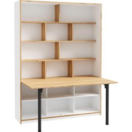 Mehrzweckregal FORTE "Homeoffice Regal, mit klappbarem Schreibtisch", weiß (weiß, catania eiche), B:159,4cm H:215cm T:42cm, Spanplatte, Regale, Raumteiler-Regal Bücherregal, viel Stauraum, platzsparend und stilvoll