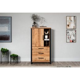 Highboard Home Affaire "Elda", mango, schwarz, B:87cm H:155cm T:45cm, Holzwerkstoff, MDF, Metall, Sideboards, Vitrine mit 1 Tür & 3 Schubladen mit Vollauszug – (B/T/H) 87/45/155 cm