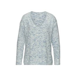 V-Ausschnitt-Pullover Buffalo, Damen, Gr. 32/34, blau (blau, creme), Strick, Obermaterial: 100% Polyester, meliert, figurumspielend hüftlang, tiefer V-Ausschnitt, Strickbündchen, Pullover, aus weichem Chenille, Strickpullover, kuschelig weich, Pastell, Topseller