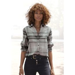 Hemdbluse Buffalo, Damen, Gr. 34, grau (grau, schwarz kariert), Flanell, Obermaterial: 100% Baumwolle, kariert, figurumspielend hüftlang, ohne Ausschnitt, mit Riegel 1-Knopf-Manschette, Blusen, aus weichem Flanell mit Blusenkragen, Flanellhemd, Karobluse, Topseller