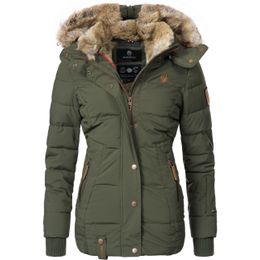 Winterjacke Marikoo "Nekoo", Damen, Gr. M (38), grün, Oberstoff: 100% Polyester, Futter: 100% Polyester, Wattierung: 100% Polyester, Ärmelfutter: 100% Polyester, Kunstpelz: 90% Polyacryl, 10% Polyester, tailliert hüftbedeckend, Ärmel ohne Ärmelschlitz Rippstrickbündchen, Jacken, stylische Damen Steppjacke mit großer Kapuze