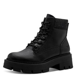 Schn&uuml;rboots Tamaris, Damen, Gr. 41, schwarz, Lederimitat, Textil, Glitzer, unifarben, Schuhe Schn&uuml;rboots, Blockabsatz, Schn&uuml;rstiefelette mit gl&auml;nzenden Strasssteinen besetzt