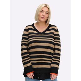 sheego Damen V-Ausschnitt-Pullover mit Bluseneinsatz am Saum, schwarz-beige-gestreift, Größe 44/46
