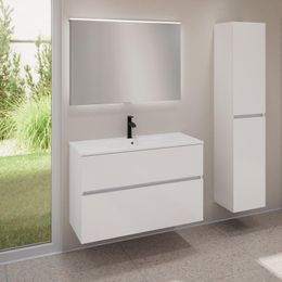 evineo ineo5 evo Unterschrank B: 100 cm mit 2 Ausz&uuml;gen, Slim-Waschtisch wei&szlig;, mit ineo Lichtspiegel,, BE0836WH+BE0958WH+BEA011MI,