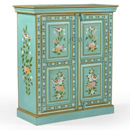 Highboard Home Affaire "Prem", grün, bunt, B:87cm H:100cm T:38cm, Massivholz, Sideboards, mit dekorativen Fräsungen, handbemalt, Unika-Möbel, Breite 87 cm