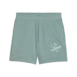 Trainingsshorts Puma "ESS SCRIPT HIGH-WAIST SHORTS 5"", Damen, Gr. XS, N-Gr, grün (grün moon), Sweatware, Obermaterial: 68% Baumwolle, 32% Polyester, bedruckt, regular fit kurz, Hosen