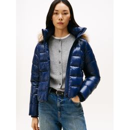Steppjacke Tommy Hilfiger "GLOSS HW DOWN SLIM JACKET W FUR", Damen, Gr. L (40), blau (schwarz night navy), Steppware, Obermaterial: 100% Nylon, unifarben, slim fit, Jacken, in leicht glänzender Optik, mit Fellimitat