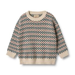Strickpullover Wheat "Jaquard Pullover Harlow", Jungen, Gr. 104, weiß (sanftes weiß), Strick, Obermaterial: 100% Baumwolle, gestreift, loose fit normal, Rundhals, Pullover