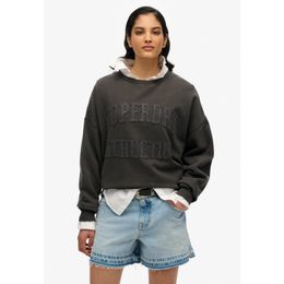Sweatshirt Superdry "ATHLETIC TONAL APPLIQUE CREW", Damen, Gr. XL, schwarz (charcoal), Sweatware, Obermaterial: 100% Baumwolle, unifarben, oversize hüftlang, Rundhals, Rippbündchen, Sweatshirts