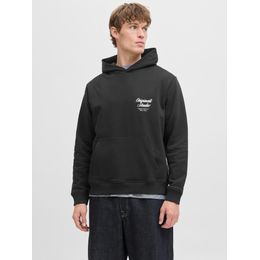 Jack & Jones Kapuzensweatshirt JACK & JONES "JORNORREBRO TYPO BACK SWEAT HOOD SN", Herren, Gr. M, schwarz, angeraute Sweatware, Obermaterial: 89% Baumwolle, 11% Polyester, bedruckt, relaxed fit normal, ohne Ausschnitt, Rippbündchen, Sweatshirts, mit Print