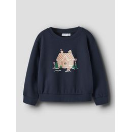 Sweatshirt name it "NMFVISMAS LS NREG SWEAT BRU", Jungen, Gr. 116, navy blazer print:gingerbread house, Sweatware, Obermaterial: 100% Baumwolle, bedruckt, normal, Rundhals, Sweatshirts Sweatshirt