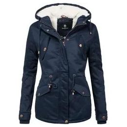 Winterjacke Marikoo "Manolya", Damen, Gr. M (38), blau, Oberstoff: 100% Baumwolle; Futter: 100% Polyester; Wattierung: 100% Polyester; &Auml;rmelfutter: 100% Polyester, figurbetont Po-bedeckend, hoch geschlossener Ausschnitt, &Auml;rmel ohne &Auml;rmelschlitz Rippstrickb&uuml;ndchen mit Druckknopf, Jacken Winterjacke, stylischer Kurzmantel mit weichem Teddyfell-Futter, Topseller