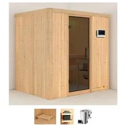 Sauna Karibu "Finja", beige (naturbelassen), Bio-Kombiofen, externe Steuerung, 3,6 kW, Saunen, Ofen 3,6 kW Bio-Ofen externe Strg. easy