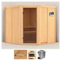 Sauna Karibu "Jarin", beige (naturbelassen), Bio-Kombiofen, externe Steuerung, 9 kW, Saunen, Ofen 9 kW Bio externe Strg easy