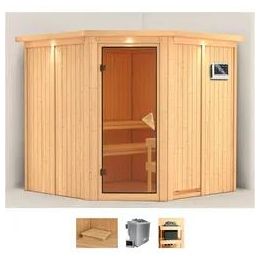 Sauna Karibu "Jarin", beige (naturbelassen), Bio-Kombiofen, externe Steuerung, 9 kW, Saunen, Ofen 9 kW Bio externe Strg easy