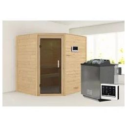 Sauna Karibu "Mia (Fronteinstieg)", beige (naturbelassen), (ohne Ofen), Saunen, Ofen 9 kW Bio externe Strg easy