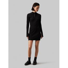 Minikleid Calvin Klein Jeans "VARIEGTAED RIB HALF ZIP LS DRESS", Damen, Gr. L (40), N-Gr, schwarz (ck schwarz), Jersey, Obermaterial: 95% Baumwolle, 5% Elasthan, unifarben, figurbetont mini, Kleider, mit Reißverschluss