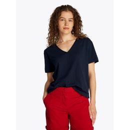 T-Shirt Tommy Hilfiger "SLUB CROP V-NK SS", Damen, Gr. M (38), blau (schwarz night navy), Jersey, Obermaterial: 100% Baumwolle, unifarben, relaxed fit hüftlang, V-Ausschnitt, abgesteppt, Shirts, mit offener Kante, mit Logostickerei