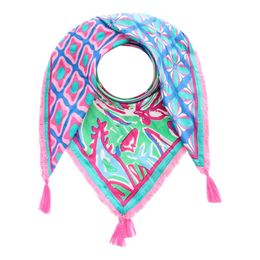 Modetuch Zwillingsherz, Damen, blau, Viskose, gemustert, Modetücher, mit Allover-Print, Tasseln und kleiner Fransenkante