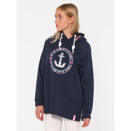 Hoodie Zwillingsherz ""Strandglück Paillette"", Damen, Gr. S/M, blau (navy), Sweatware, Obermaterial: 50% Baumwolle, 50% Polyester, lässig geschnitten normal, angesetztes Bündchen, Sweatshirts, mit Anker-Motiv und "Moin"- Schriftzug
