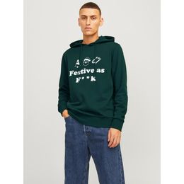 Jack & Jones Kapuzensweatshirt JACK & JONES "JJXMAS ONE COLOR FUNNY SWEAT HOOD", Herren, Gr. XL, grün (scarab), angeraute Sweatware, Obermaterial: 60% Baumwolle, 40% Polyester, bedruckt, normal, Rundhals, Rippbündchen, Sweatshirts