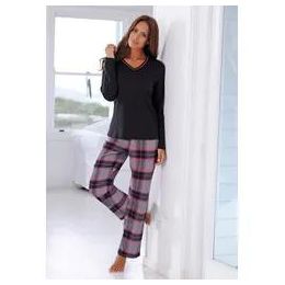 Pyjama Lascana, Damen, Gr. 46, bunt (schwarz, pink, kariert), Flanell, Obermaterial: 100% Baumwolle, Basic, Basic lang, V-Ausschnitt, eingesetzt, Homewear-Sets Pyjama, mit kuscheliger Flanellhose