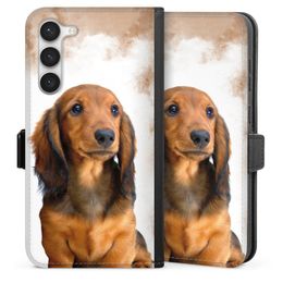 DeinDesign Galaxy S23+ Handy Klapph&uuml;lle Handyh&uuml;lle aus Kunst Leder schwarz Flip Case Pet Dachshund Dog Sideflip mit Lasche