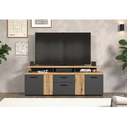 Lowboard Inosign "Estepona", evoke eiche, anthrazit, B:180cm H:67cm T:47cm, Holzwerkstoff, Kunststoff, Sideboards, Lowboard mit 4 Türen, 1 Schubkasten, 1 Klappe - (B/T/H) 180/47/67 cm